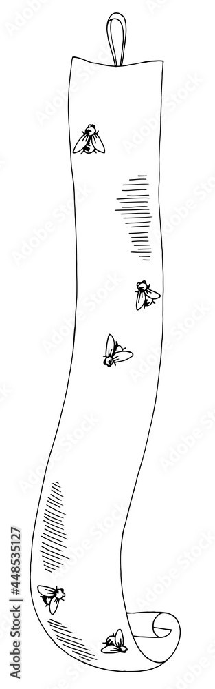 Fly stuck to the tape graphic black white isolated sketch illustration ...