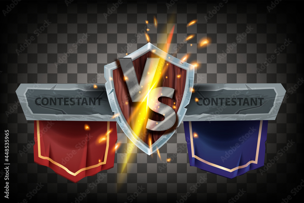 VS fight game badge, vector versus battle logo, iron letters, wooden ...
