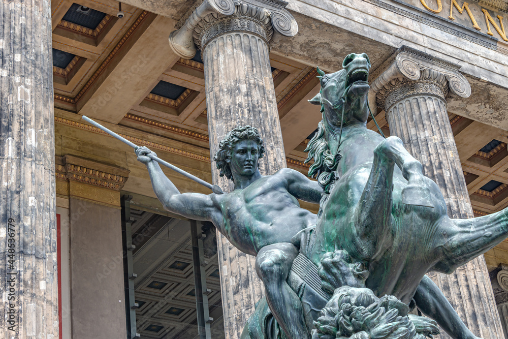 View over ancient Roman statue of beautiful young Amazonian man rider ...