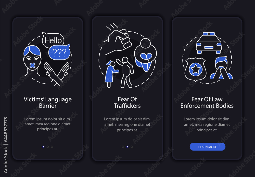 Human Trafficking Victims Dark Onboarding Mobile App Page Screen Scared Person Walkthrough 3