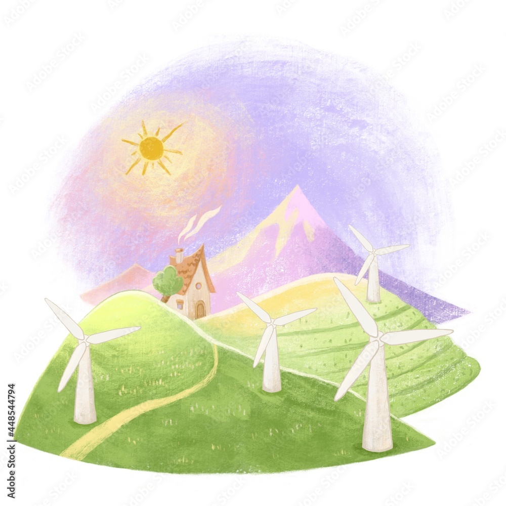 Cartoon Wind power plant. Mountain landscape with a house among the ...
