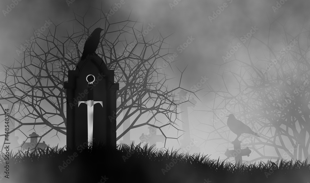 Two black crows in old cemetery in the dark and sword of the knight on ...