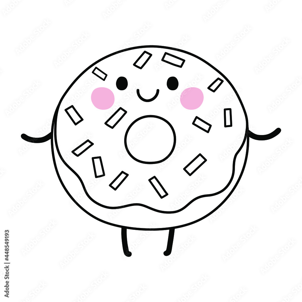 Donut with face, arms and legs. Cute kawaii cartoon dessert. Doodle ...