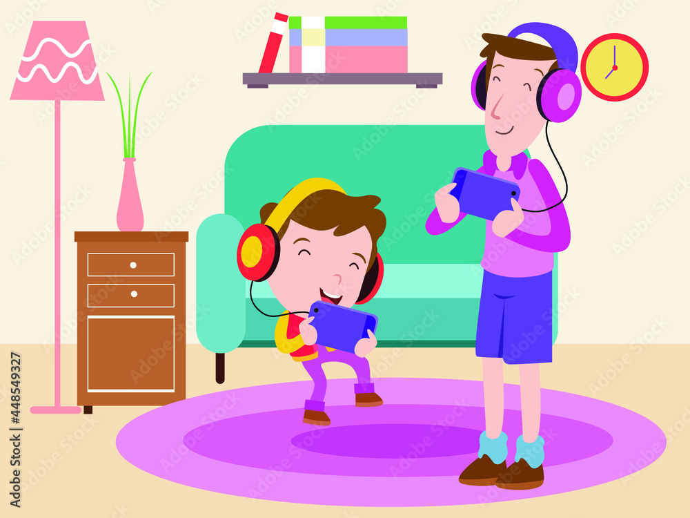 Father and son listening to music 2d cartoon vector concept for banner ...