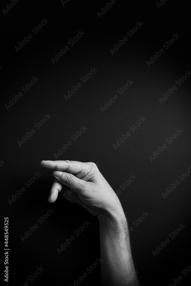 B&W image of hand demonstrating ASL sign language letter P with empty ...