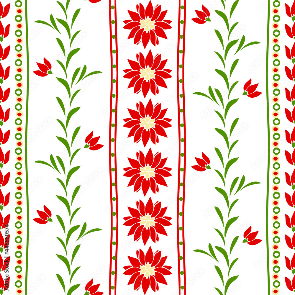 Seamless vector pattern with red daisy on white background. Simple ...