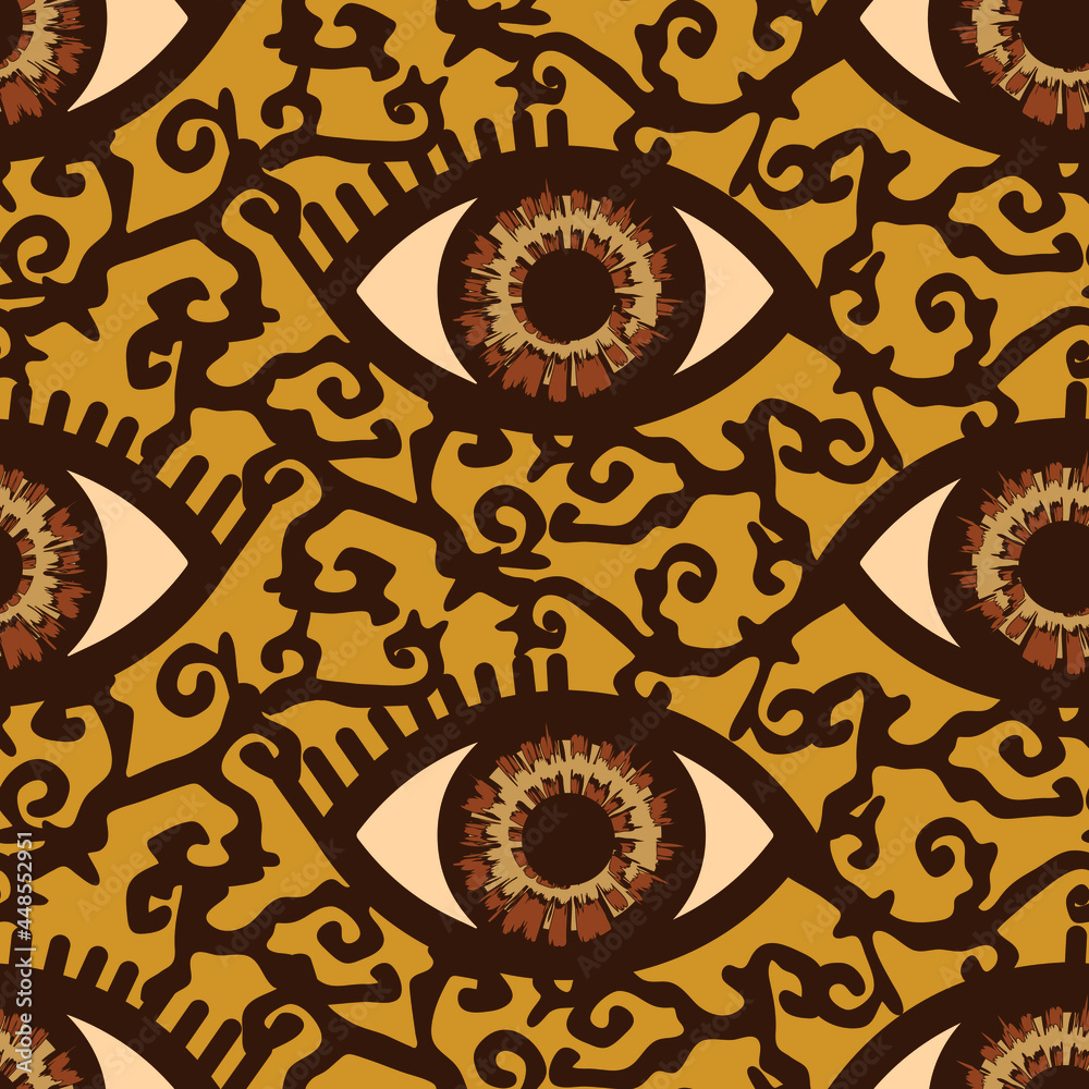 Seamless vector pattern with looking eye on yellow background. Gothic ...