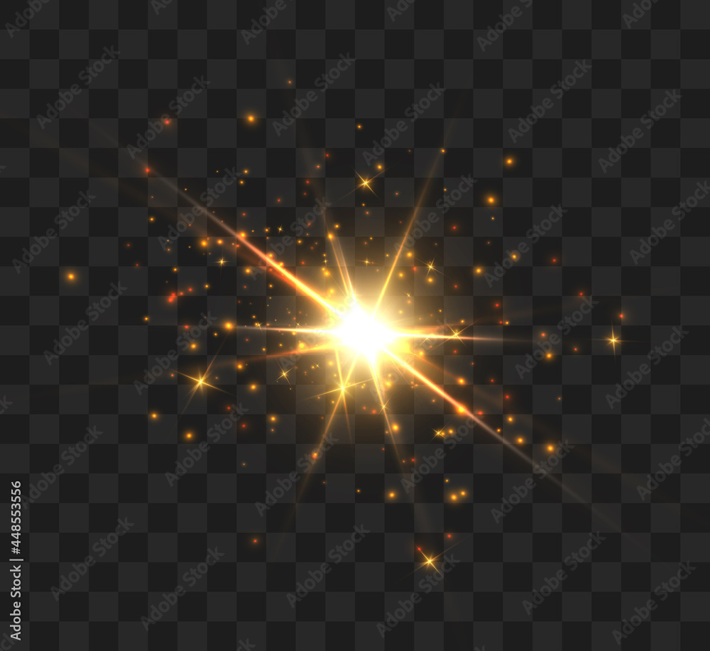 A bright beautiful star on a transparent background sparkles with small ...
