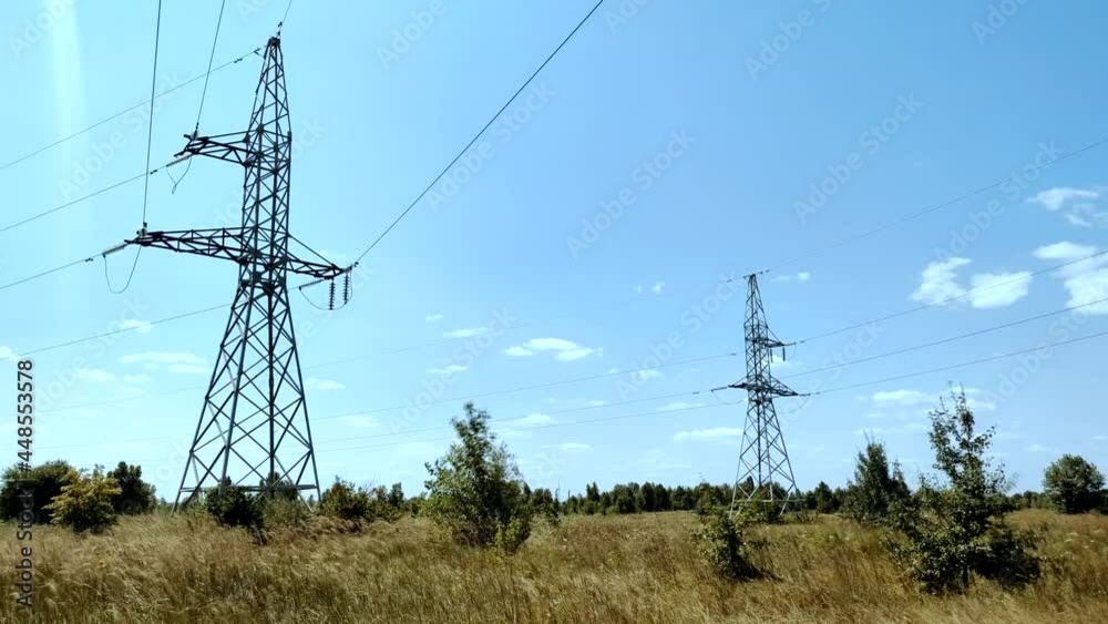 Power Lines And Blue Sky Time Lapse.High Voltage Electricity ...