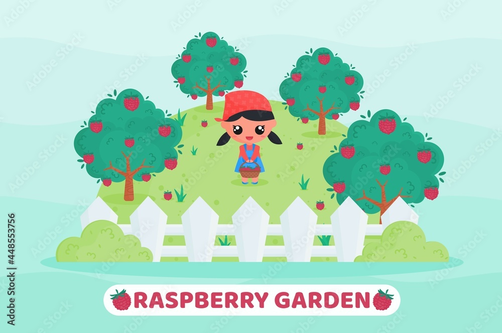 Cute farmer harvesting fruit in the raspberry garden with holding fruit ...