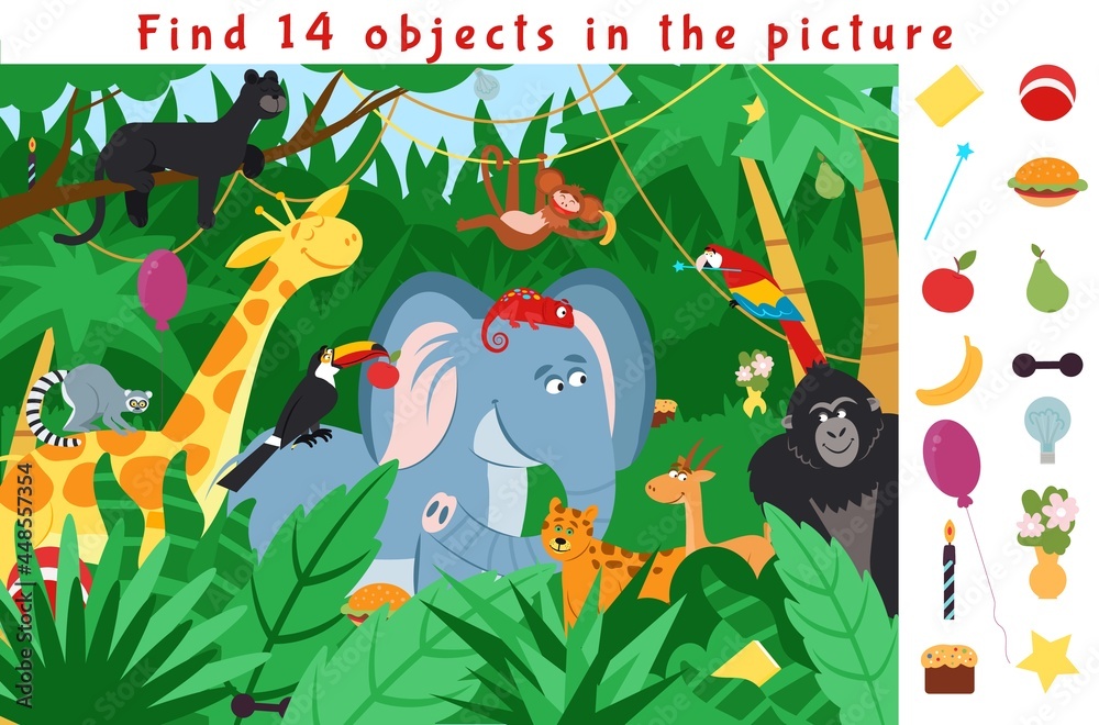 Hidden object puzzle. Kid learning game, find objects in jungle forest ...