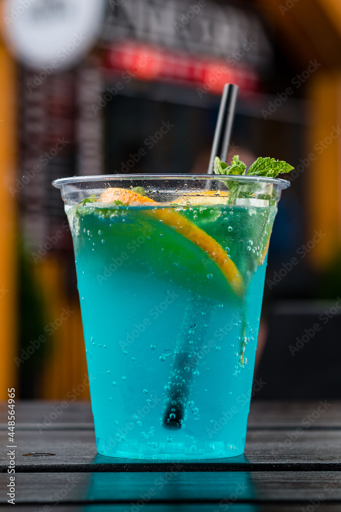 glass of Iced blue hawaii soda on table Blue Lagoon Cocktail Stock ...