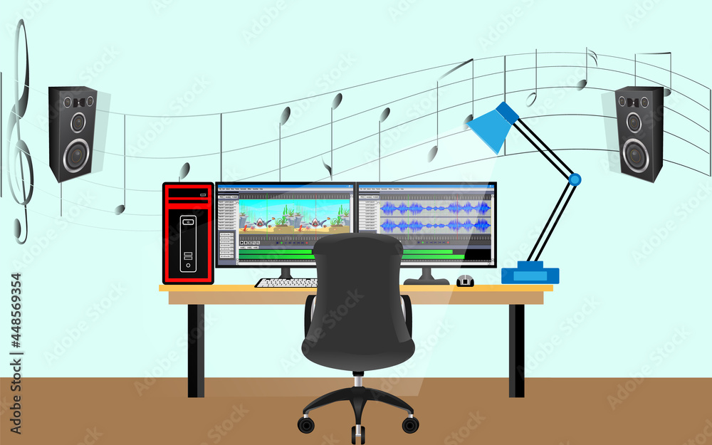 Desktop computer showing video, audio and photo editing. Empty creative ...