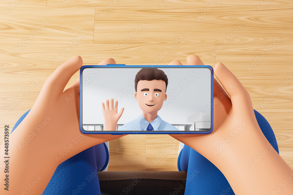 Cartoon character hands holding smart phone with online conference ...