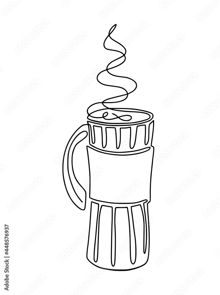 Continuous one line drawing of thermos mug in simple style for coffee ...