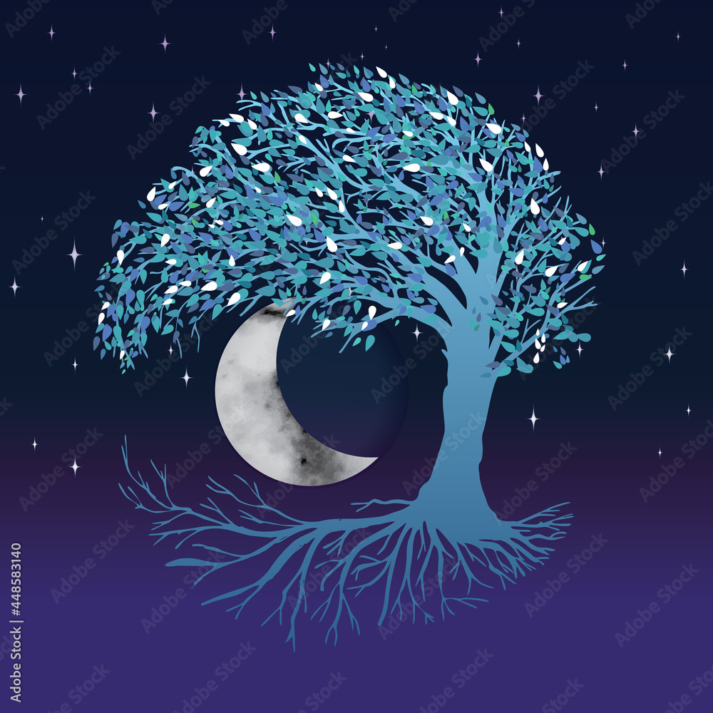 A blue tree of life or yggdrasil in a nightsky. The big moon is visible ...