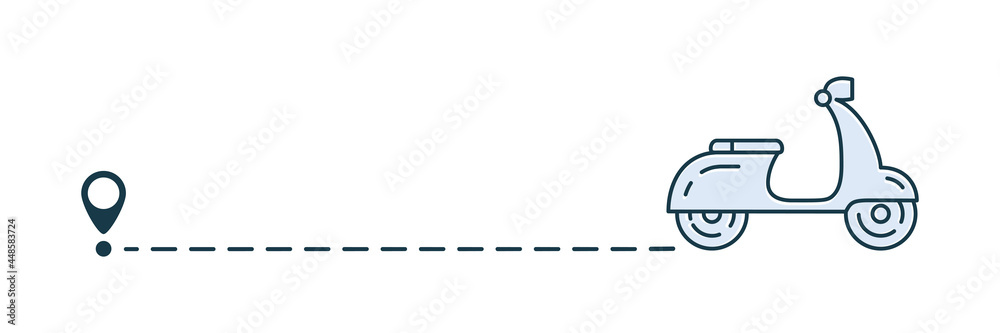 Moped with line start point icon. Blue scooter and route. Travel ...