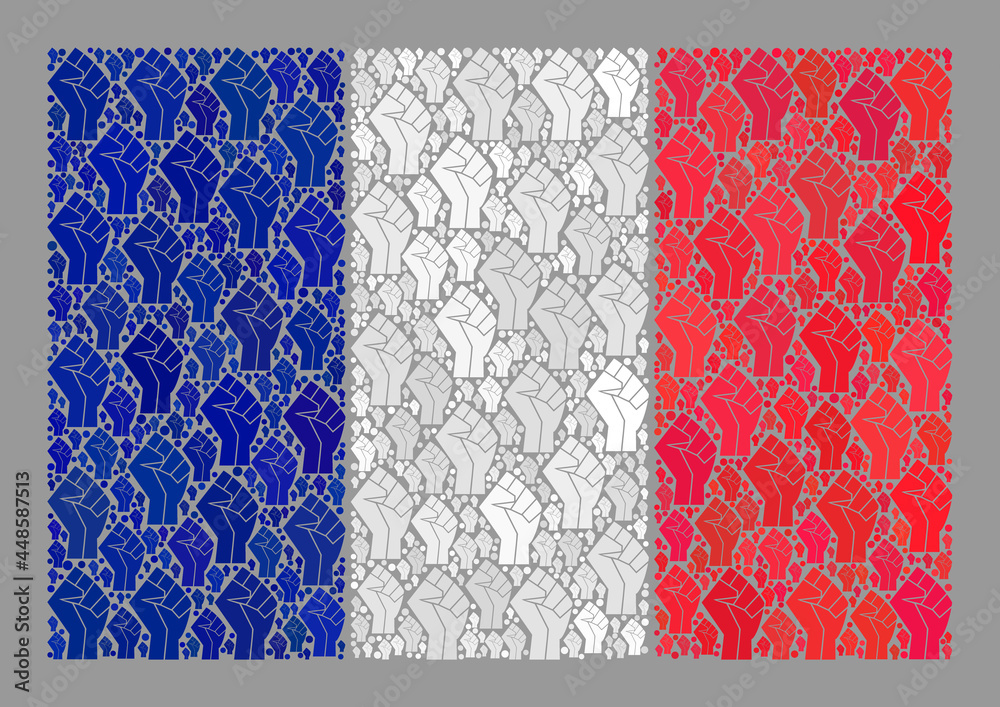 Mosaic rectangular France flag constructed of force icons. Riot hand ...