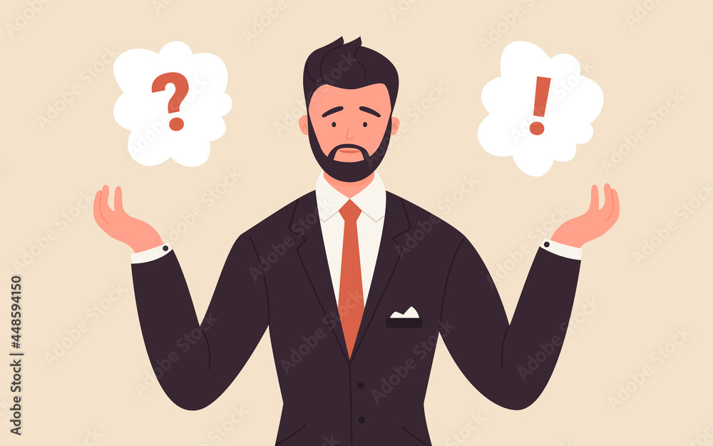 Question mark with young thinking businessman vector illustration ...
