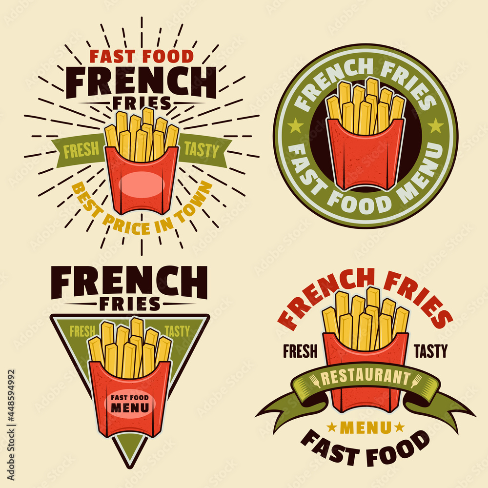 French fries set of four vector colorful emblems, badges, labels ...