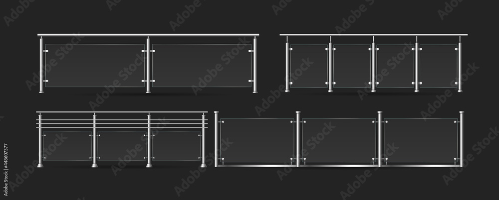 Section of glass fences vector illustration set. Realistic 3d handrails ...