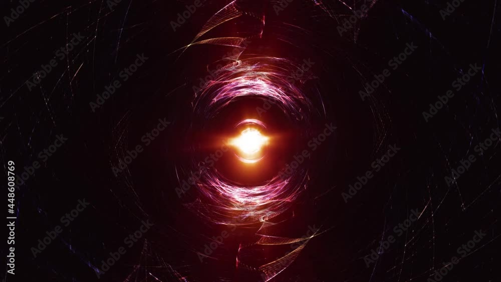 Abstract glow red wire mesh chaos vortex tunnel with center optical ...