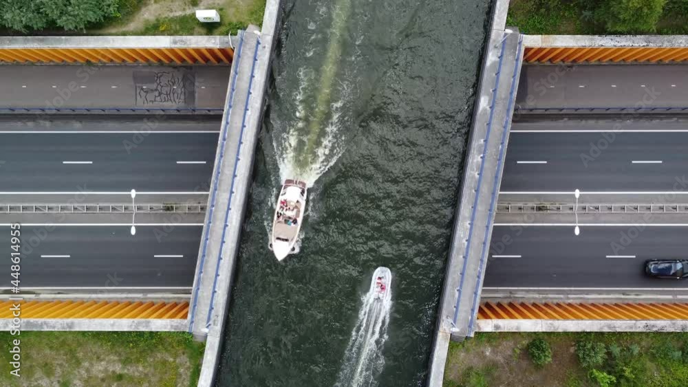 Aerial top down view of a road aquaduct or aqueduct is structure used ...