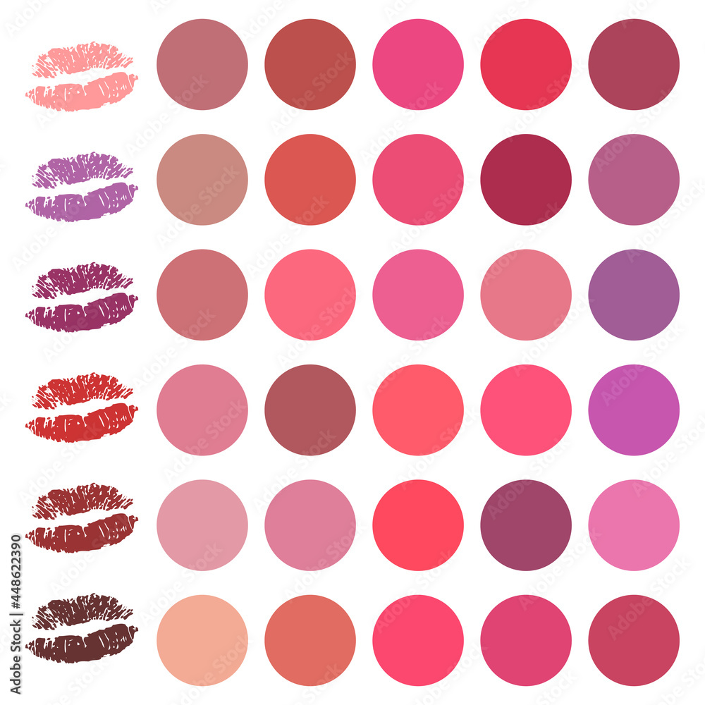 Lip prints with different lipsticks and a palette of color shades ...