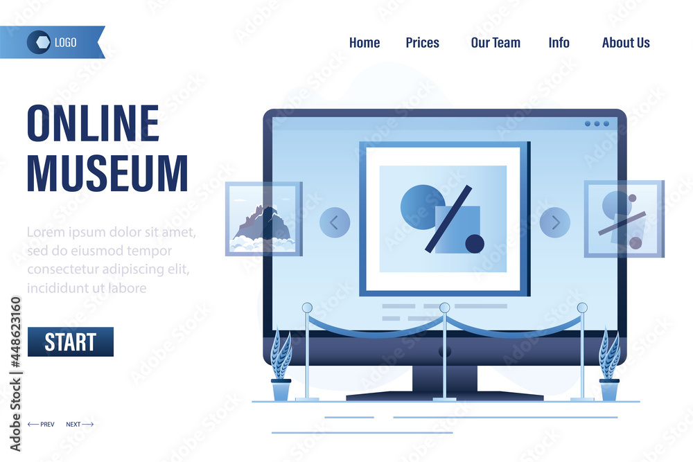 Online gallery, landing page template. Virtual museum on monitor screen ...