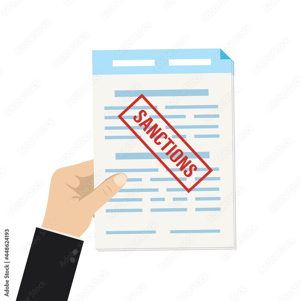 Cartoon hand holds paper documents with a red sanction stamp ...