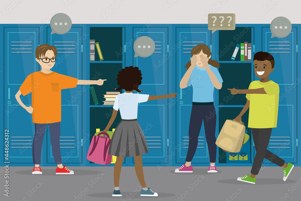 Teens bully and insult schoolgirl. Group of students points to victim ...