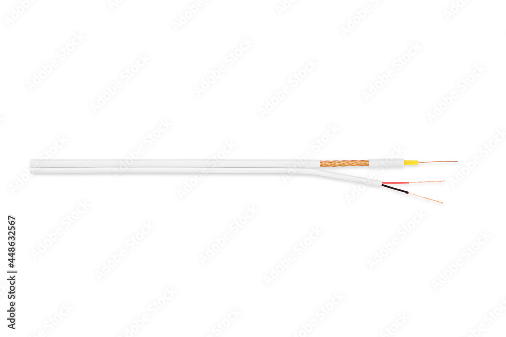 Tip of coaxial cable showing copper wires isolated on white background ...