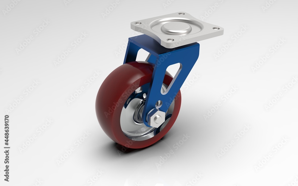Fixed caster wheel with silicone rubber wheel and metal body. Isometric ...