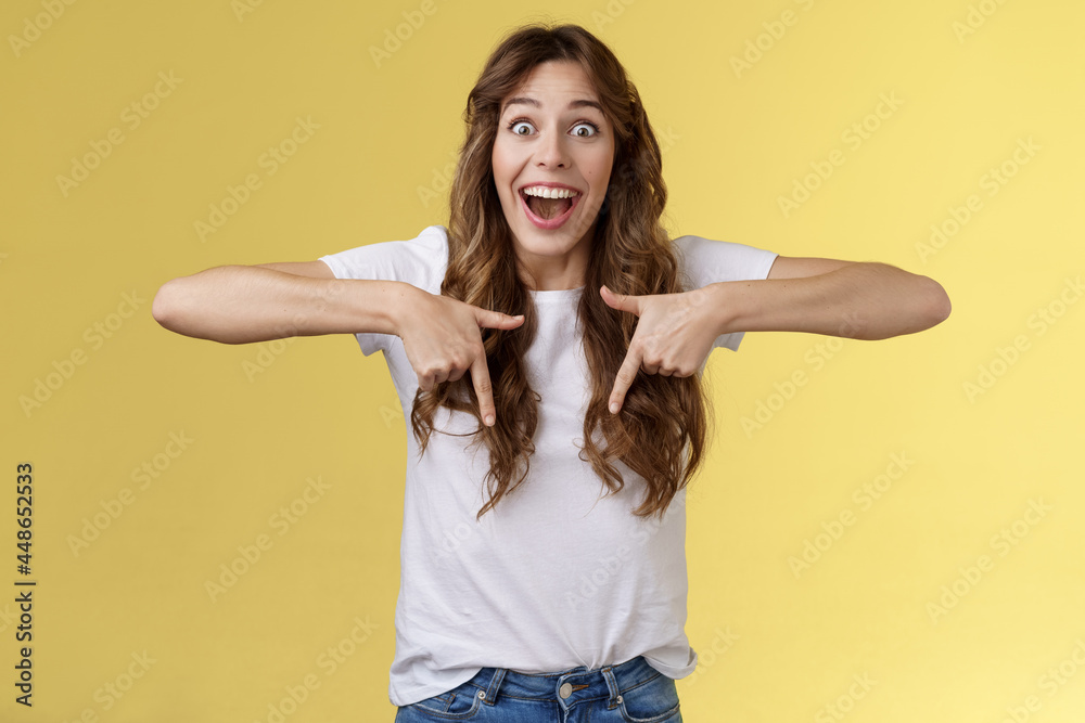Excited happy cheerful impressed cute brunette girl long haircut ...