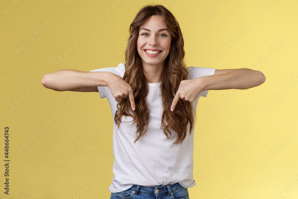 Friendly cheerful excited happy smiling girl long natural brunette ...