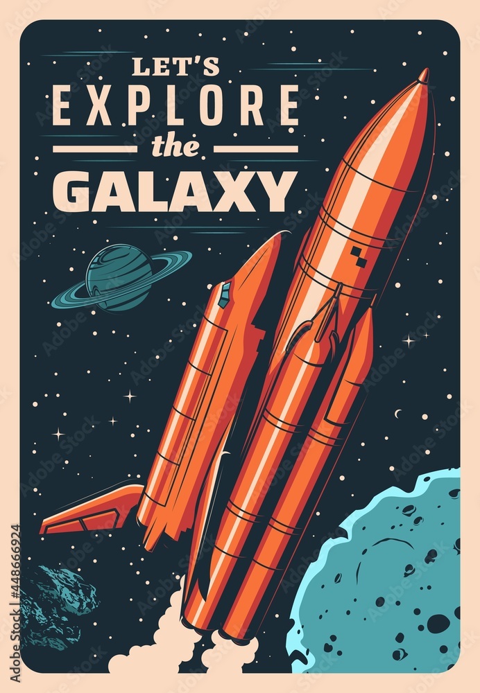 Space rocket and shuttle in galaxy vector vintage poster. Mother ...