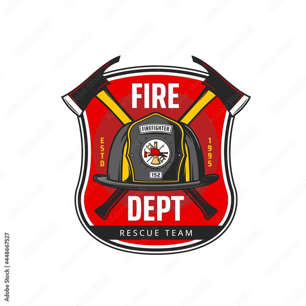Fire department icon with vector fireman or firefighter helmet and ...