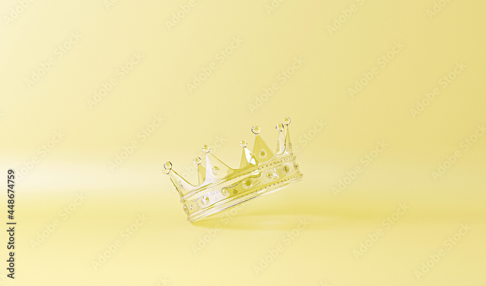 Glass crown on patel yellow background with victory or success concept ...