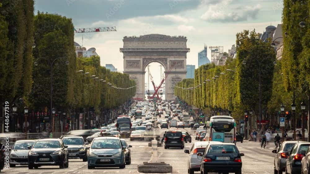 PARIS, FRANCE Arc de Triomphe, cars traffic in avenue des champs ...