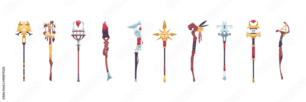 Wizard stuff. Cartoon magic staves of natural elements with stones ...