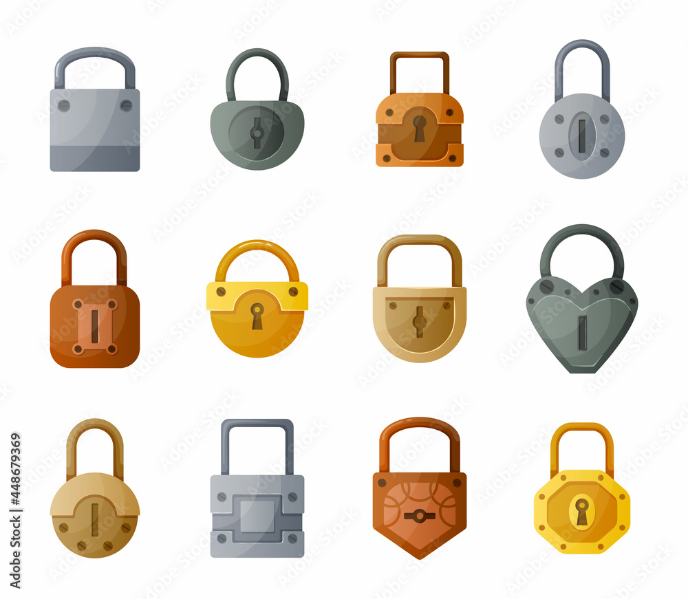 Cartoon lock. Golden and silver metal vintage or modern padlock. Data ...