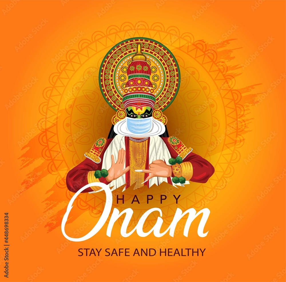 happy onam with kathakali wearing face mask, use for poster, leaflet ...