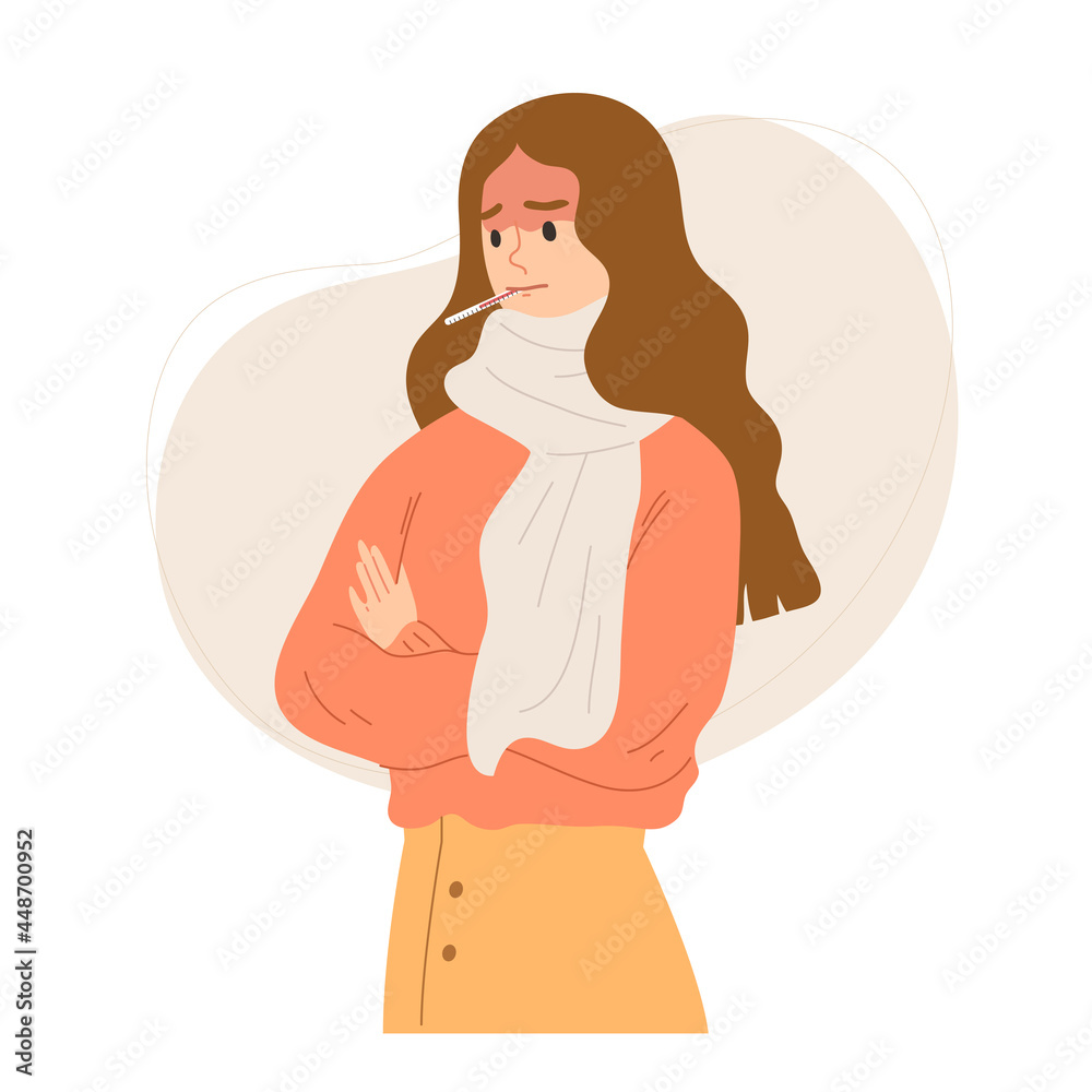 Young unwell woman checking her body temperature by thermometer ...