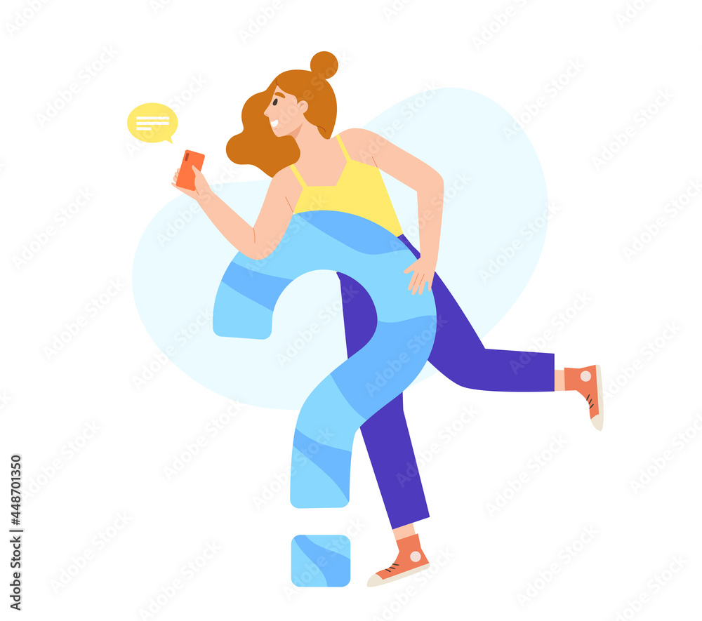 Huge question mark with young happy girl holding smartphone with ...