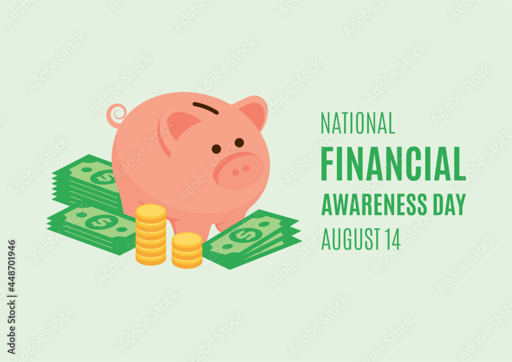 National Financial Awareness Day vector. Cute saving piggy bank and ...