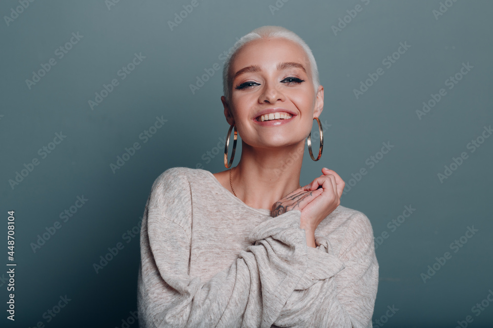 Millenial young woman portrait positive smile face front with short ...