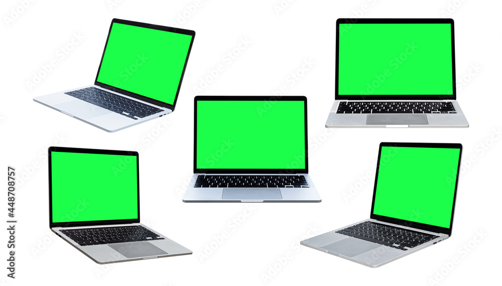 Collection of Laptop with blank green screen isolated on white ...