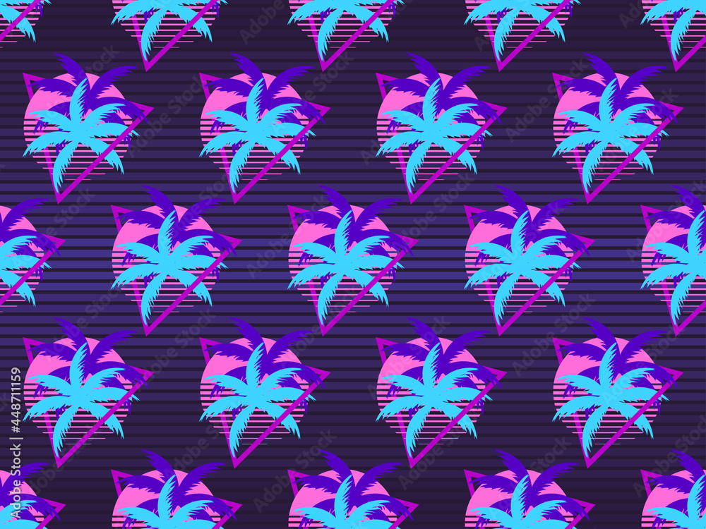 80s sunset with palm trees seamless pattern. Retro futuristic sun ...