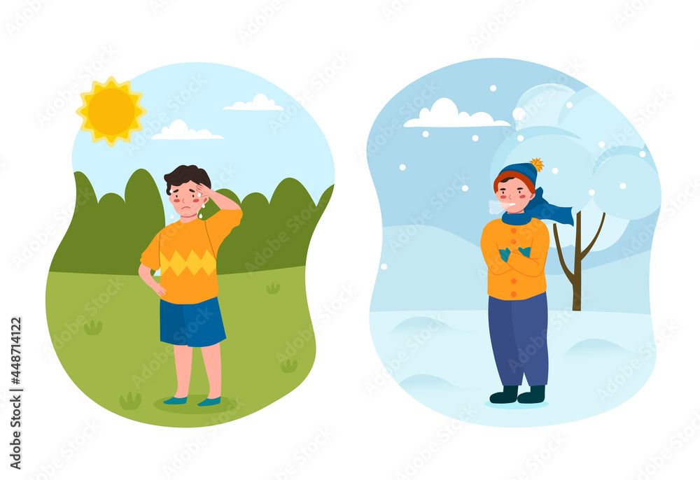 Two little kids are standing in different weather conditions. Concept ...