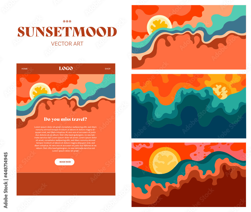 Sunset. Sunrise. Nature. Modern flat vector banner illustration of ...